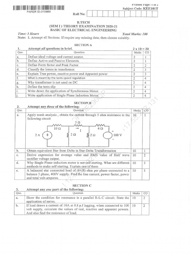 Basic of Electrical Engineering Kee 101t 20 | PDF