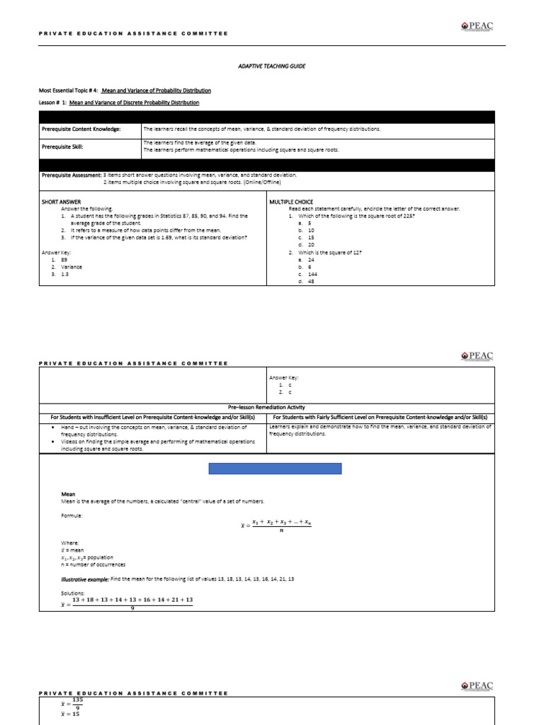 MET 4 LESSON 1 Mean-and-Variance-of-Discrete-Probability-Distribution | PDF | Variance ...