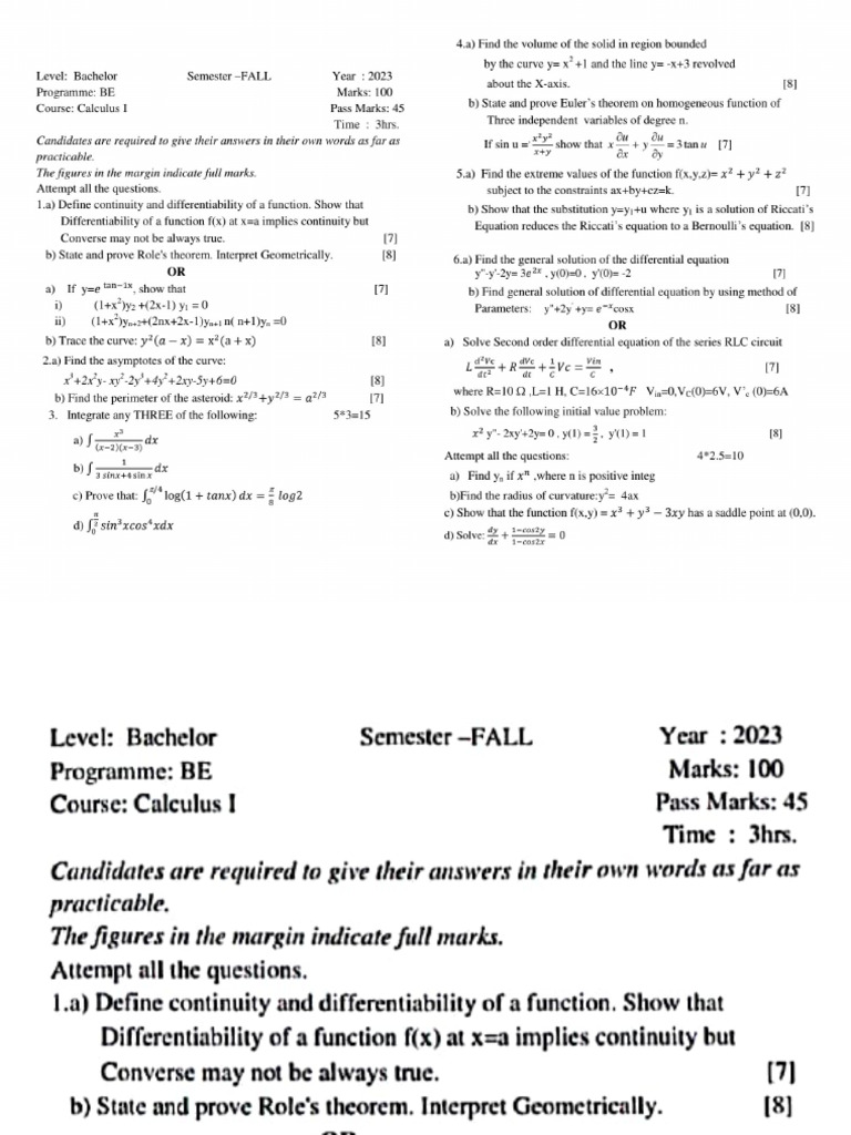 Calculus-I Model Question - 2023 | PDF