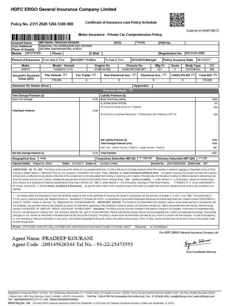 Comprehensive Motor Insurance Policy | PDF | Insurance | Deductible
