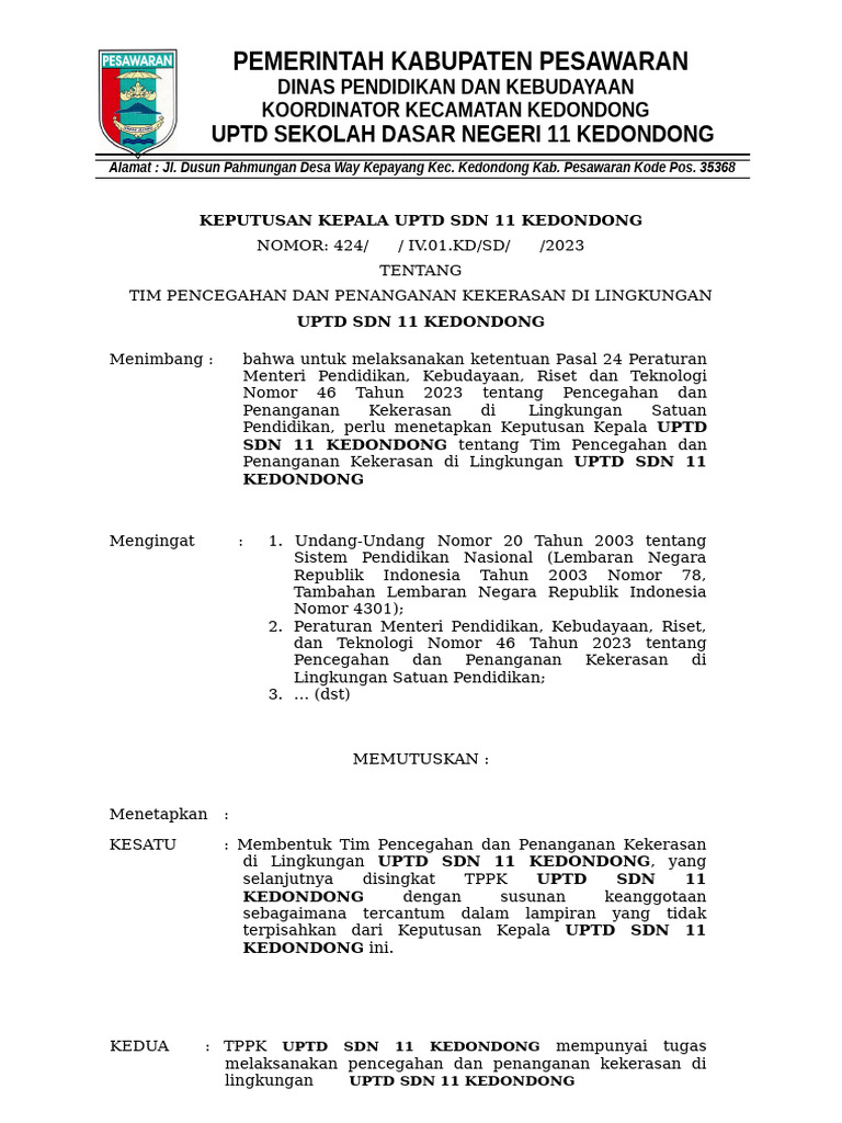 Contoh SK TPPK PADA SATUAN PENDIDIKAN | PDF