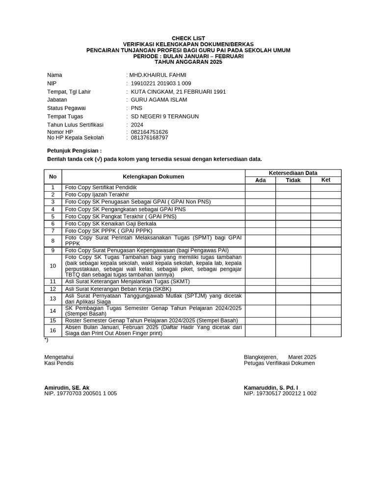 CHEKLIST KELENGKAPAN BERKAS PENCAIRAN SERTIFIKASI PERIODE JANUARI-FEBRUARI 2025 | PDF