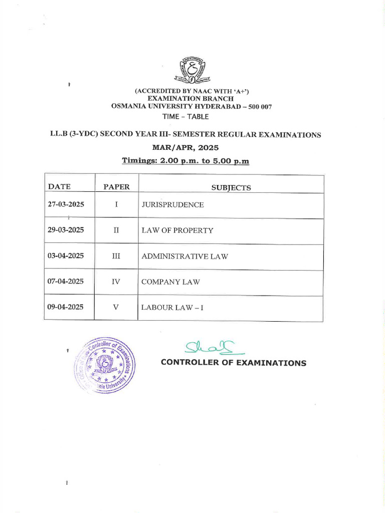 BA LLB Semester Timetable Osmania | PDF