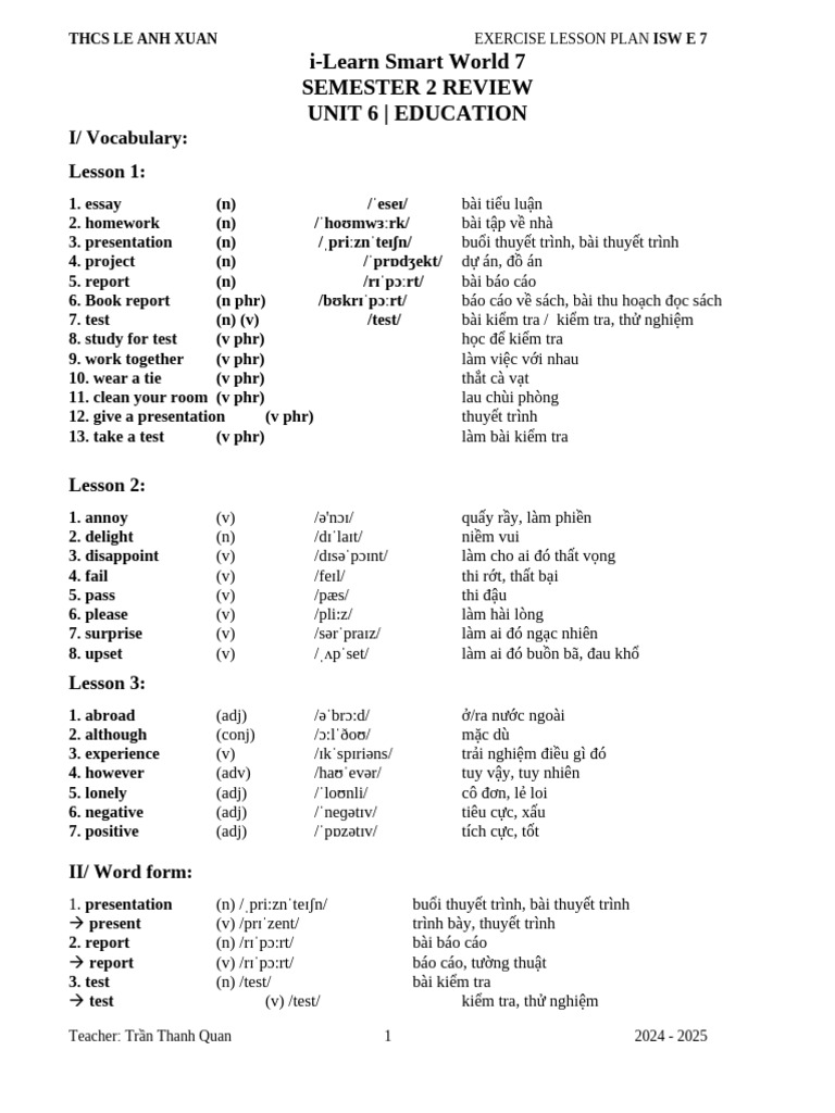 BÀI TẬP UNIT 6 - E 7 (24-25) - KEY | PDF