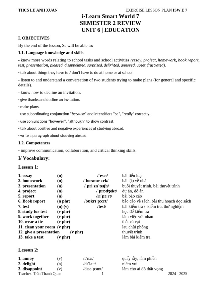 GIAO ÁN BÀI TẬP UNIT 6 - E 7 | PDF