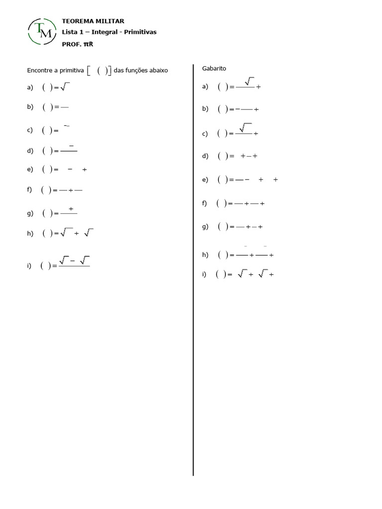 PDF - Lista 1 - Integral - Primitivas - Professor Pierre | PDF