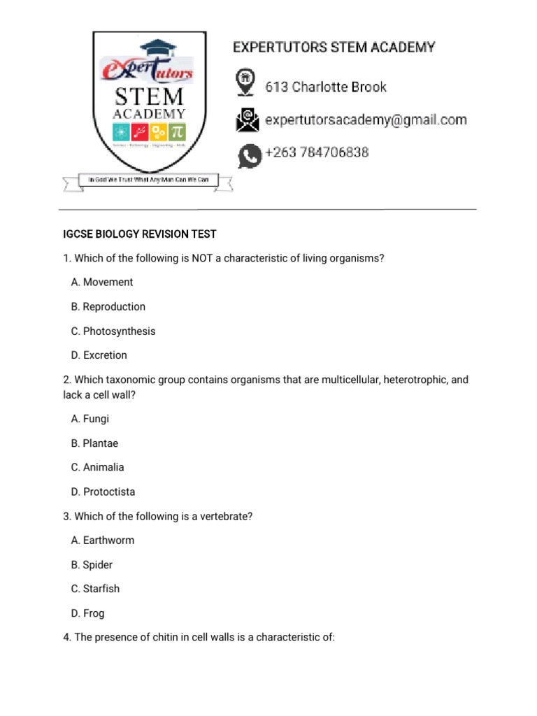 IGCSE Biology Revision Test Questions | PDF | Cell (Biology ...