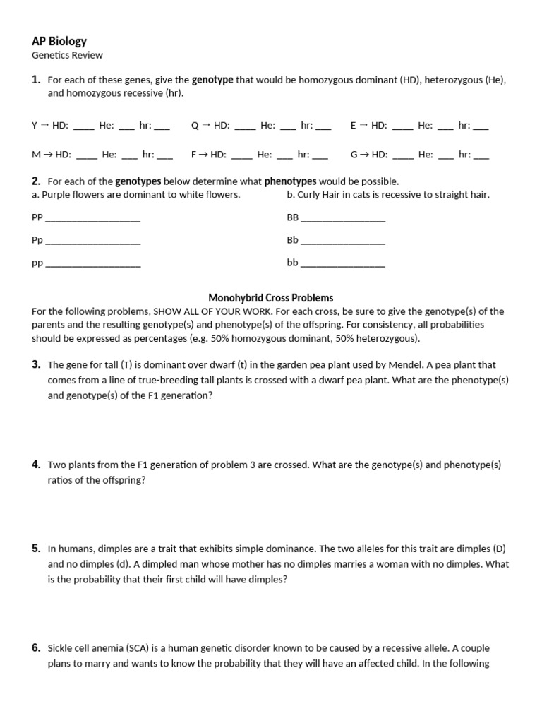 Copy of AP - Genetics Worksheet - Student | PDF | Genotype | Dominance ...