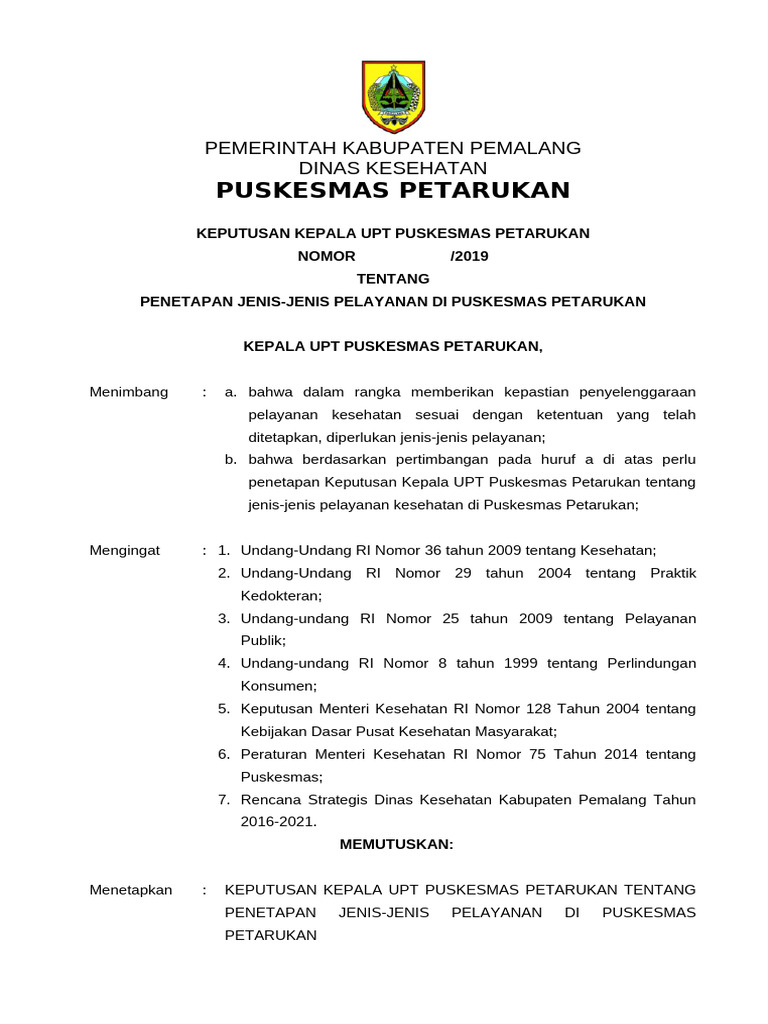 SK Jenis-Jenis Pelayanan Puskesmas Revisi 2019 | PDF