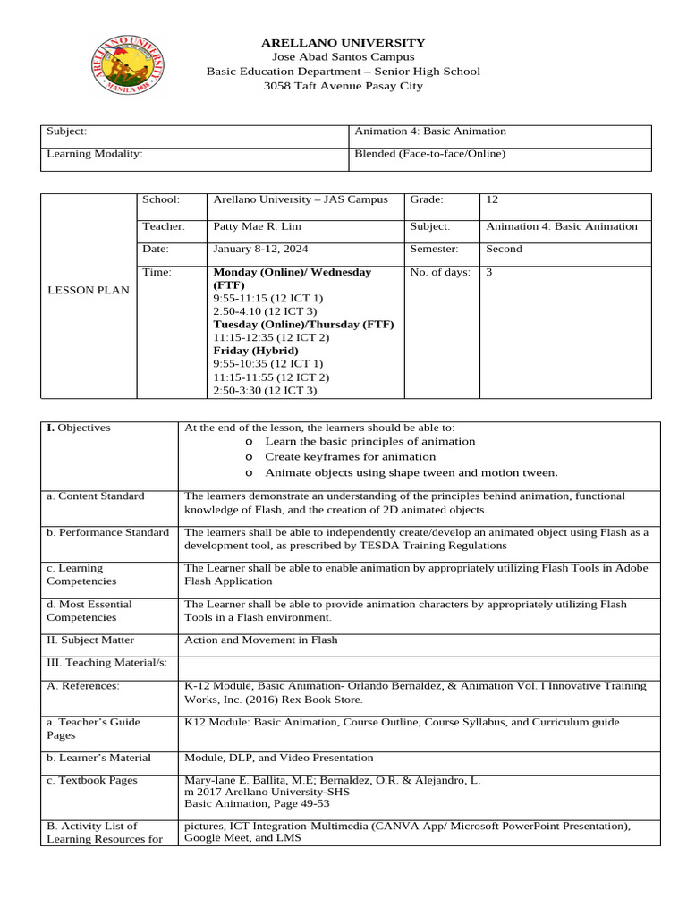 Basic Animation Lesson Plan for Grade 12 | PDF | Educational Technology ...