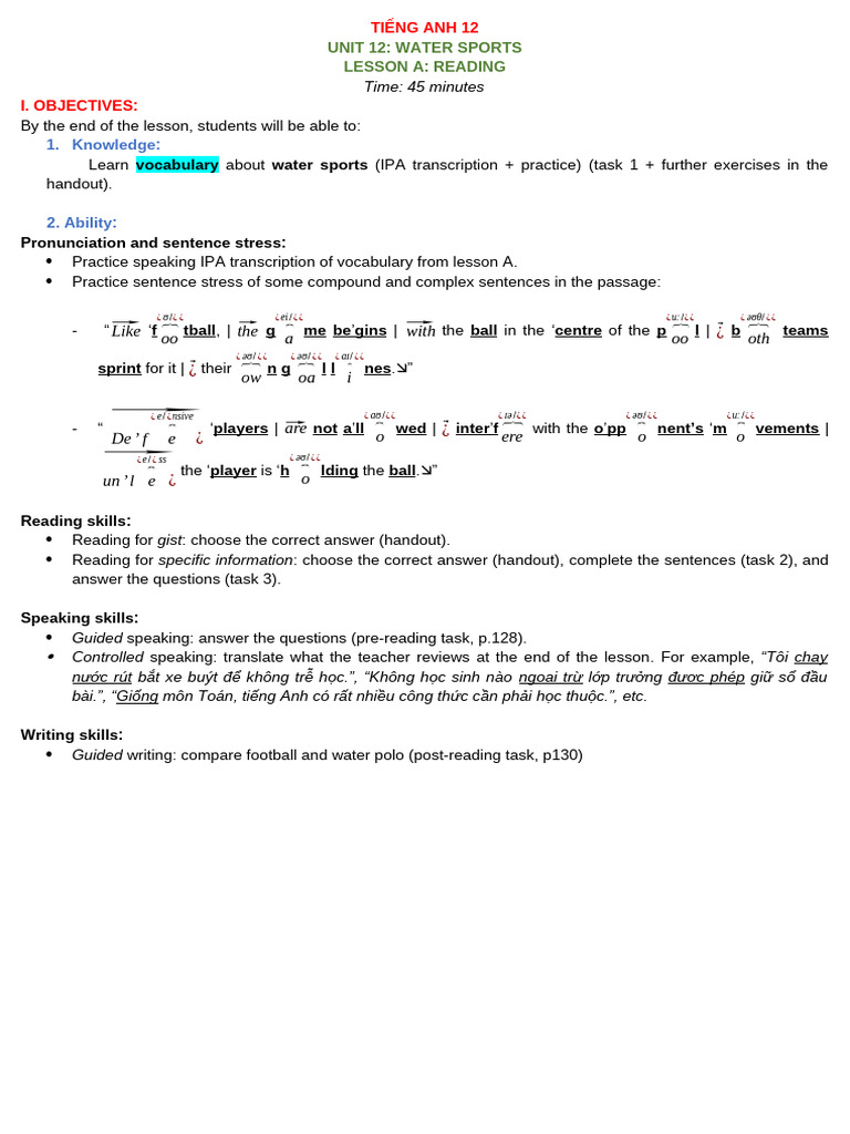 TIẾNG ANH 12 - UNIT 12 READING - Answer | PDF | Team Sports | Ball Games