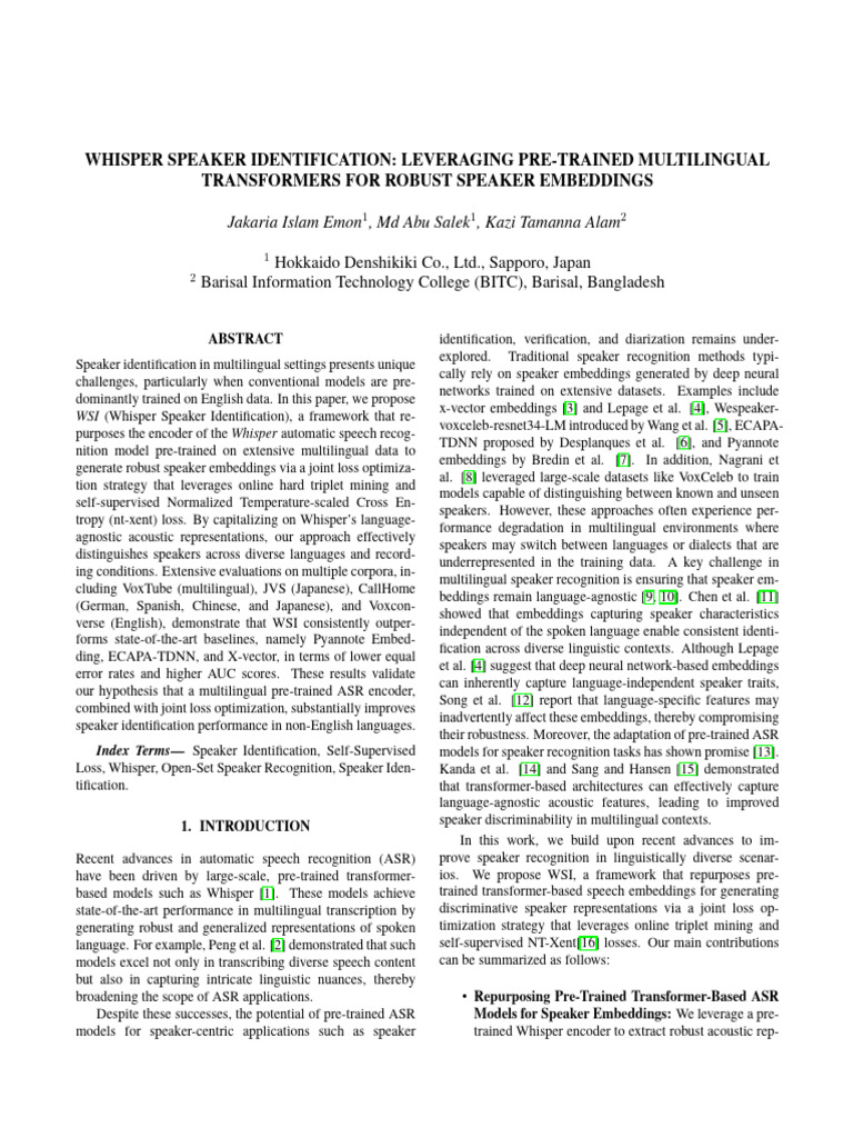 Whisper Speaker Identification: Leveraging Pre-Trained Multilingual Transformers For Robust ...