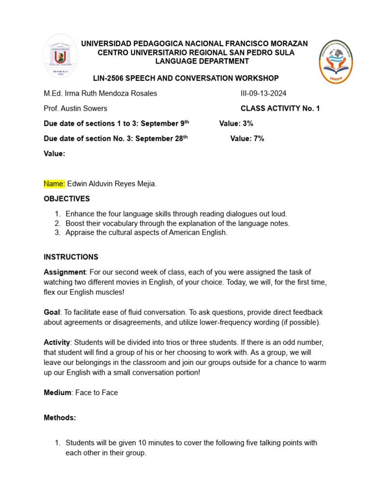Speech Workshop Activity Overview | PDF