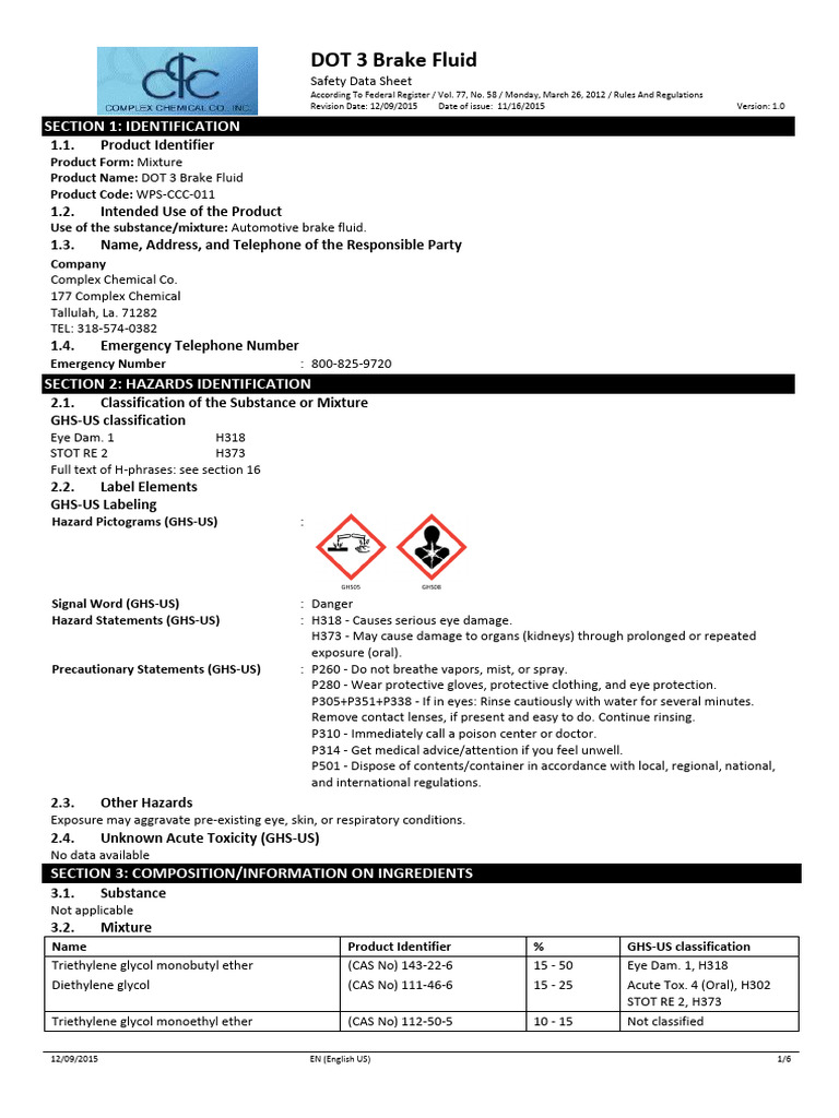 DOT 3 Brake Fluid Safety Data Sheet | PDF | Personal Protective ...