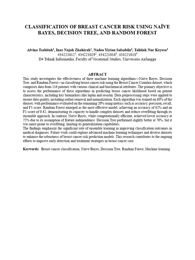 Classification of Breast Cancer Risk Using Naïve Bayes, Decision Tree, and Random Forest | PDF ...