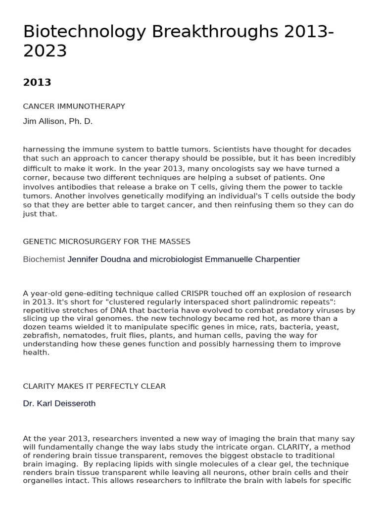 Biotechnology Breakthroughs 2013 2023 Update | PDF | Genetic ...