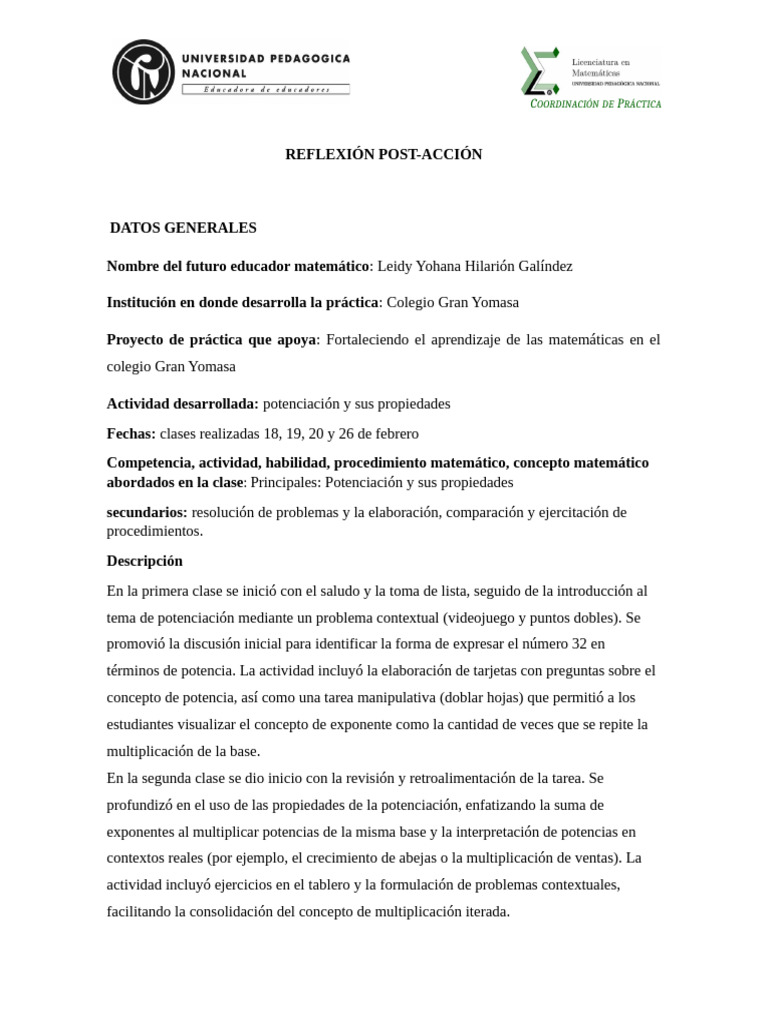 Reflexión sobre Potenciación en Clase | PDF | Evaluación | Exponenciación