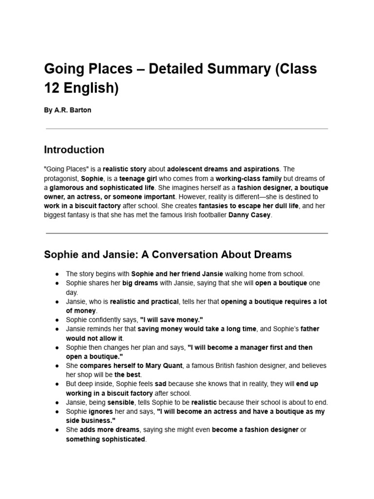 Going Places - Detailed Summary (Class 12 English) | PDF | Dream