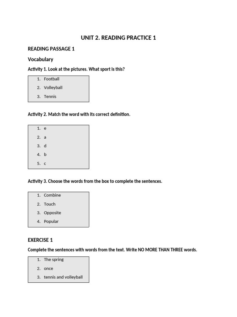 Answerkey. Unit 2. Reading Practice 1 | PDF