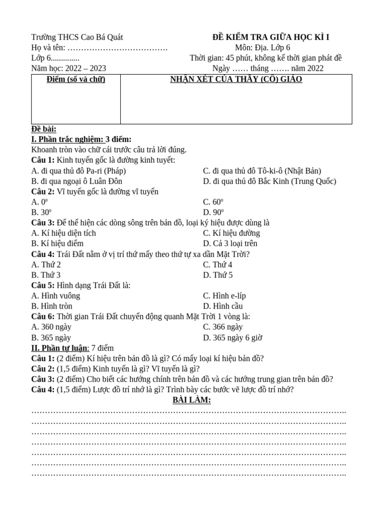 đề ktra giữa kì 1 địa 6 | PDF