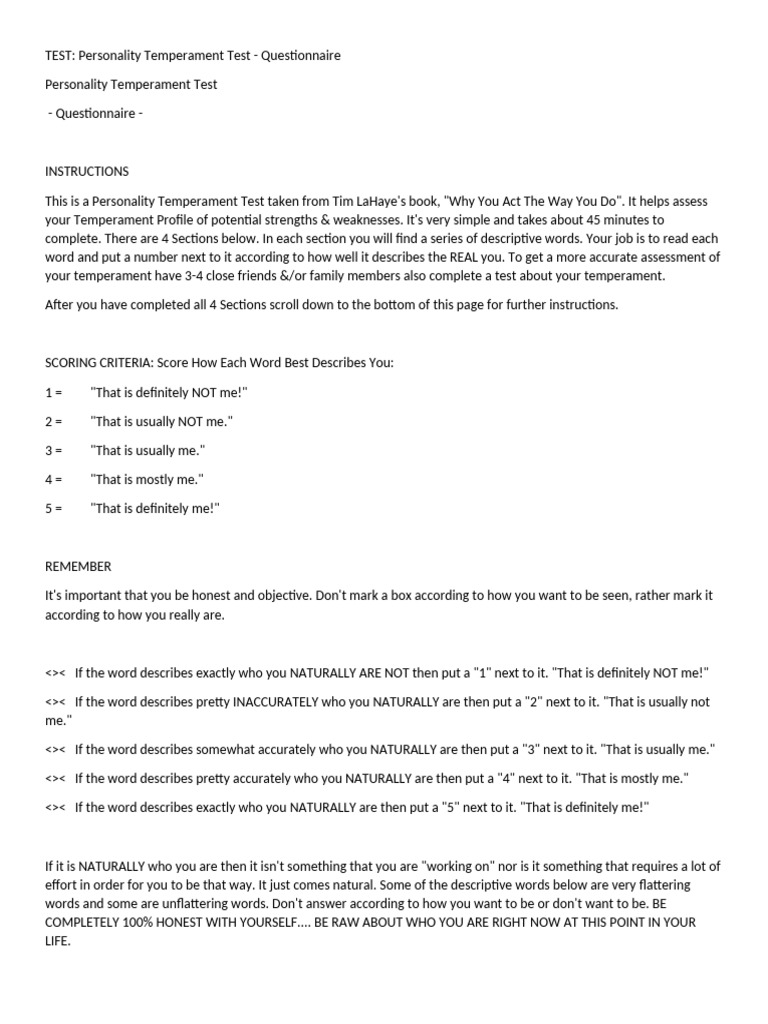 LaHaye Personality Temperament Test | PDF | Cognition | Psychology