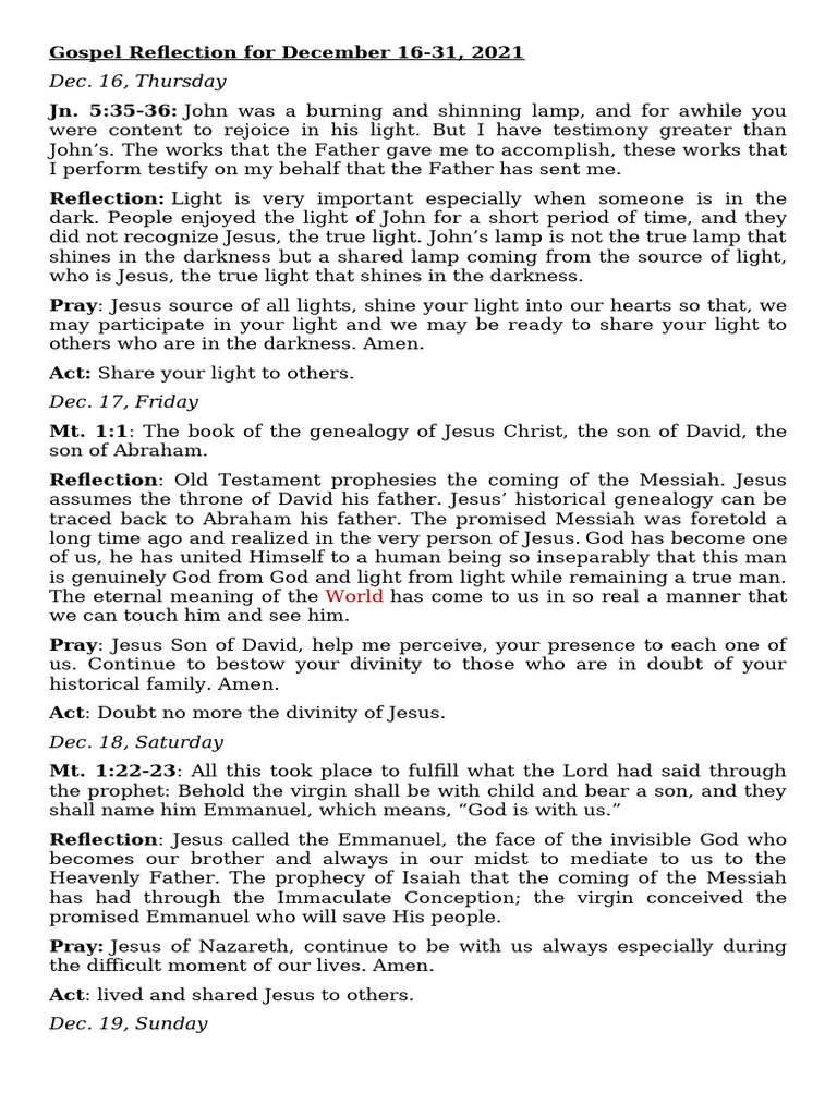 Gospel Reflection For December 16-31 | PDF | Mary, Mother Of Jesus | Jesus