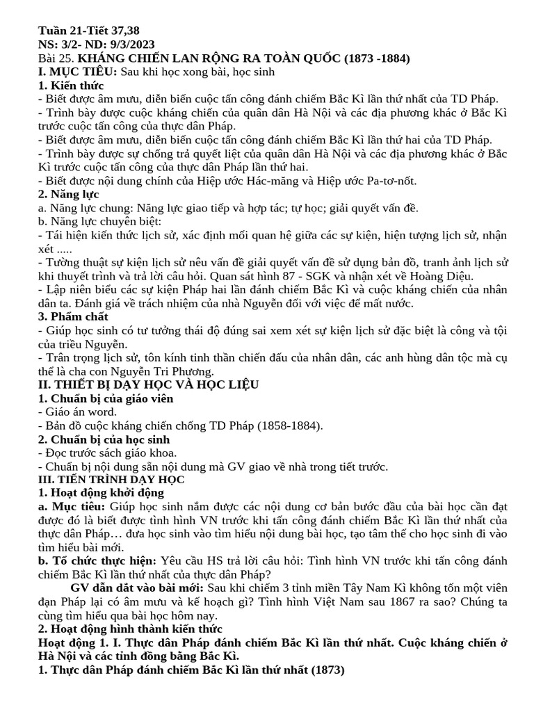 LS 8. T21. T37,38. Bài 25. KHÁNG CHIẾN LAN RỘNG RA TOÀN QUỐC (1873 -1884) | PDF