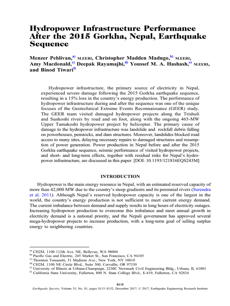 Paper Ghorka Earthquake 2015 Hydropower Structures | PDF ...