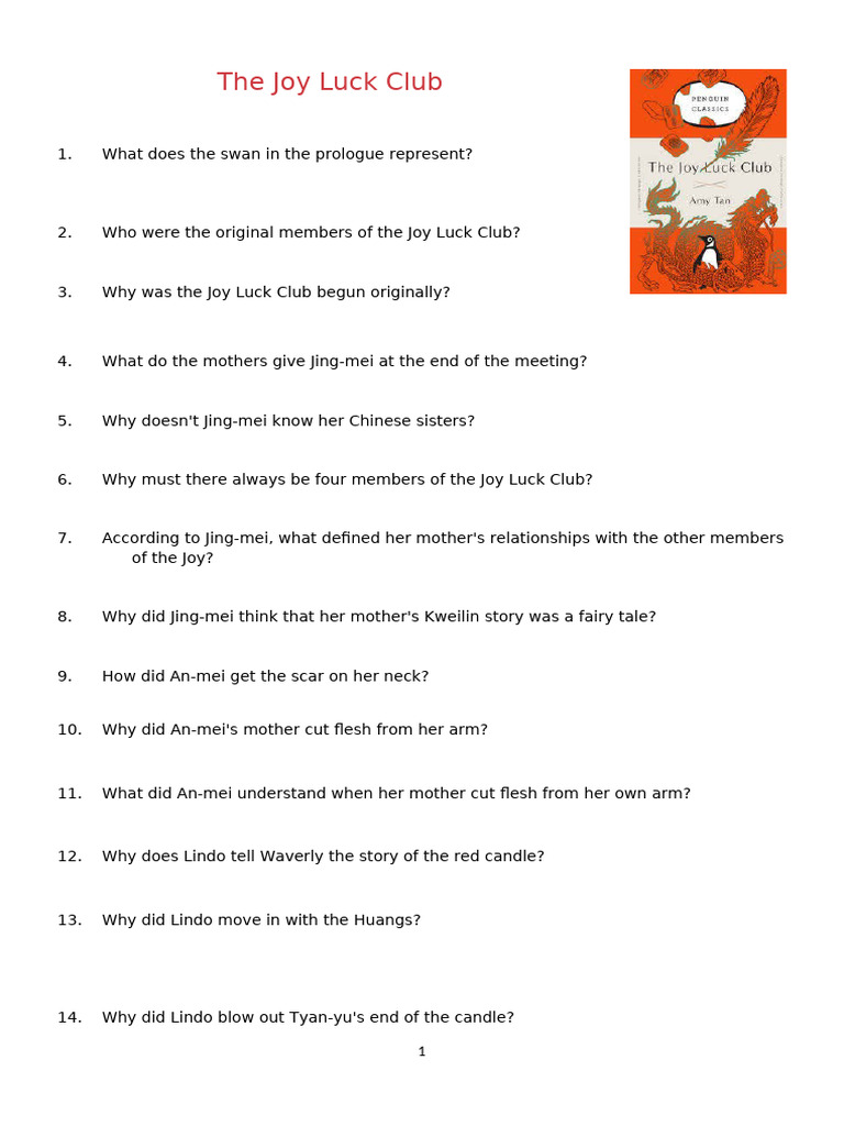 Liaterature - The Joy Luck Club - Questions | PDF