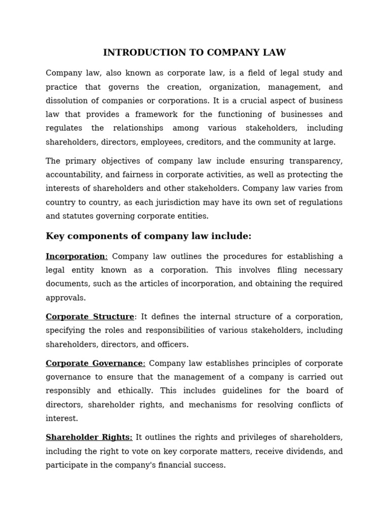 Overview of Company Law Fundamentals | PDF | Corporate Law | Corporations