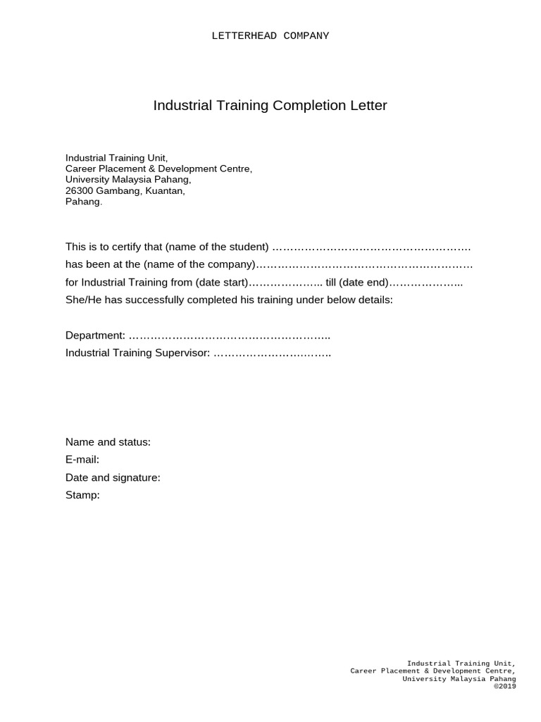Industrial Training Completion Letter | PDF