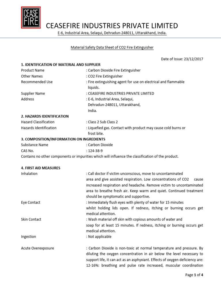 Material Safety Data Sheet of CO2 Fire Extinguisher | PDF | Carbon ...