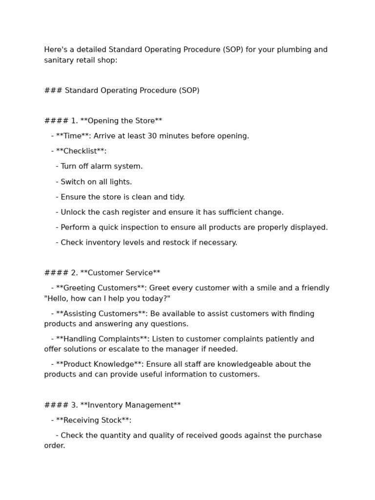 Plumbing Retail Shop SOP Guide | PDF | Inventory | Point Of Sale
