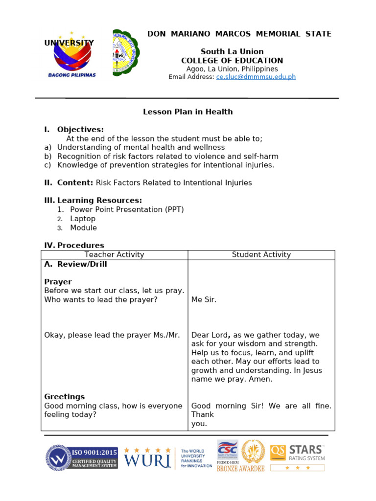Lesson Plan in Health q4 m4 | PDF | Violence | Self Harm