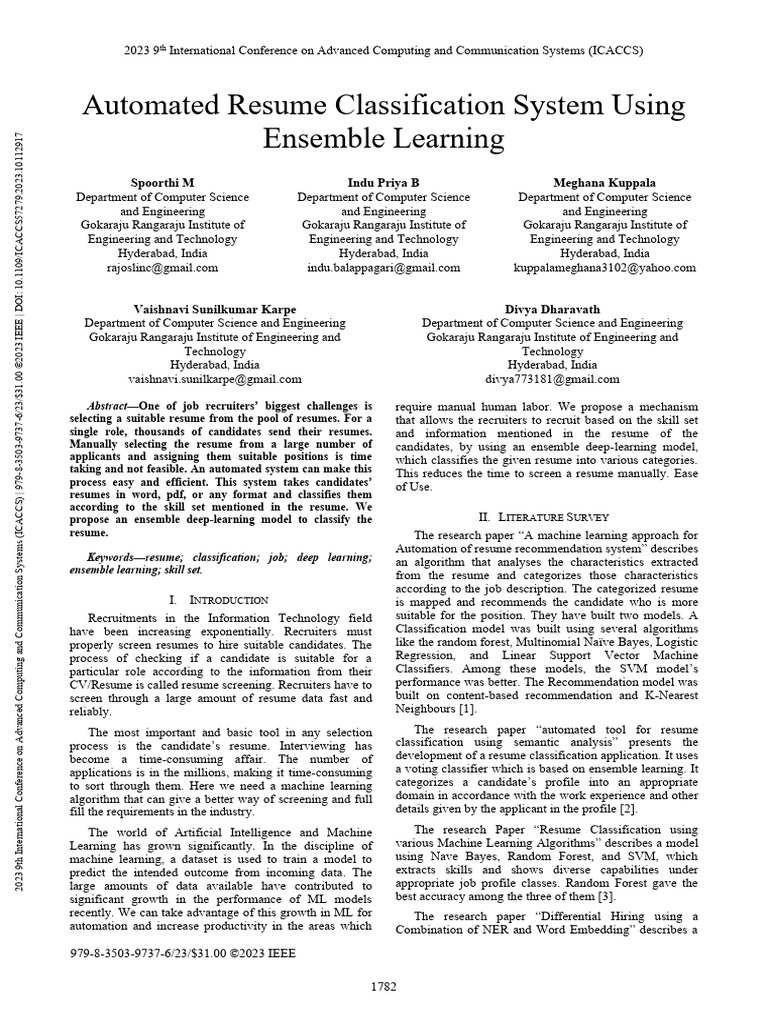 Automated Resume Classification System Using Ensemble Learning | PDF | Machine Learning ...