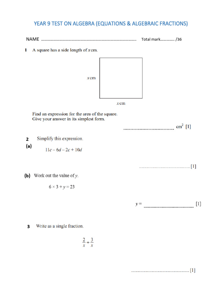 Year 9 Algebra Test | PDF