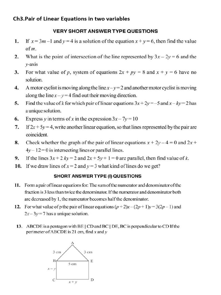 Math Worksheet From Ch3.Pair of Linear Equations in Two Variables | PDF