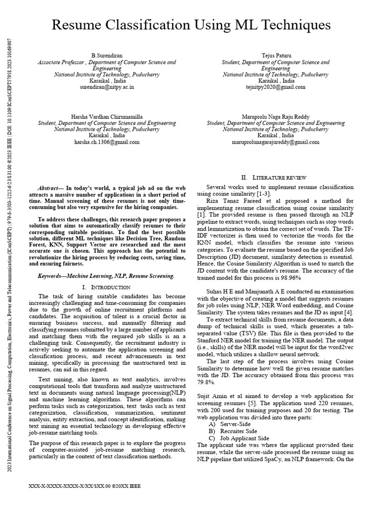 Resume_Classification_Using_ML_Techniques | PDF | Support Vector Machine | Machine Learning