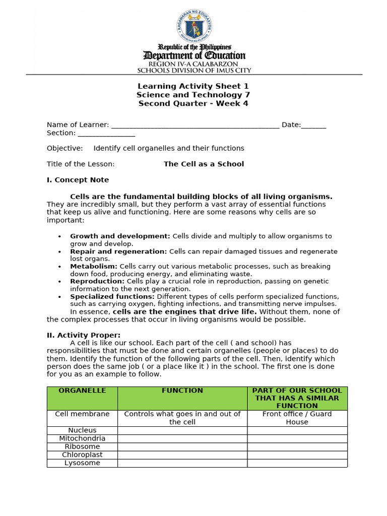 CELL LAS 1 W4 Q2.docx OCT 21 | PDF | Cell (Biology) | Organisms