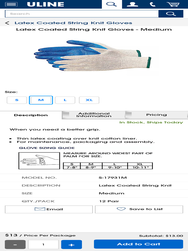 Latex Coated String Knit Gloves - Medium S-17931M - Uline | PDF