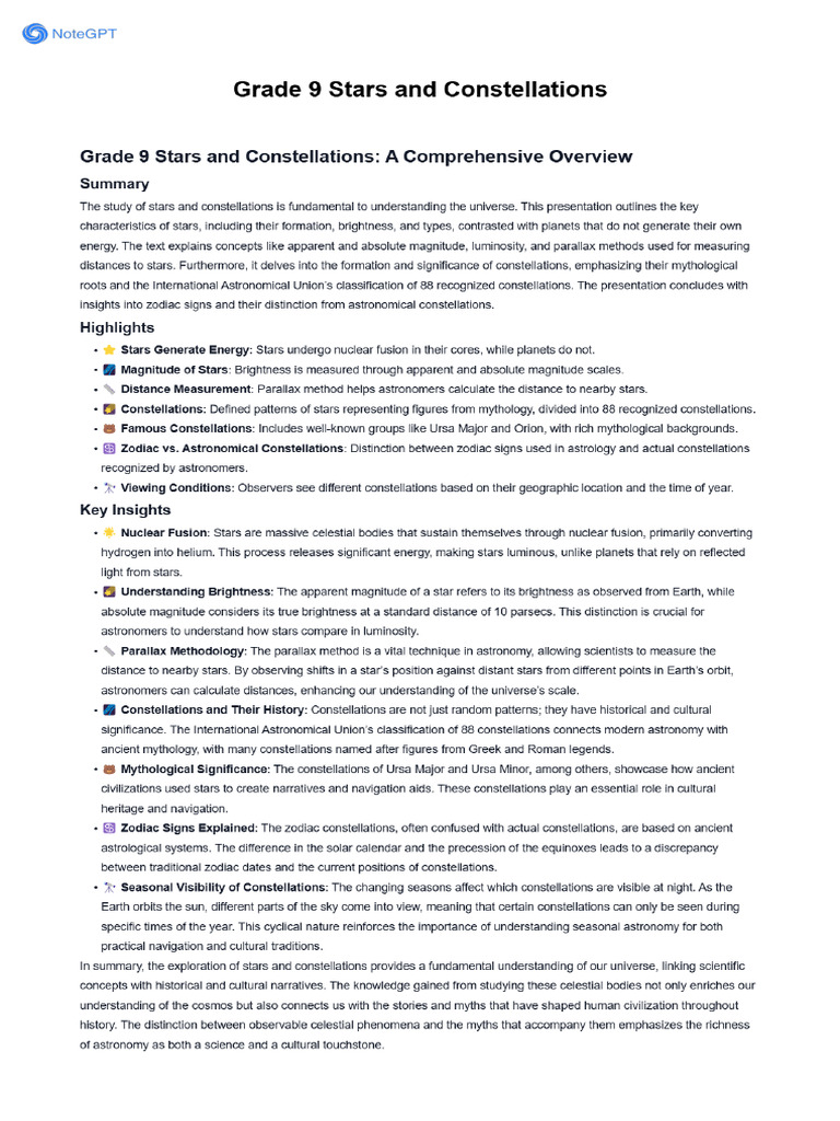 NoteGPT - Summary - Grade 9 Stars and Constellations | PDF