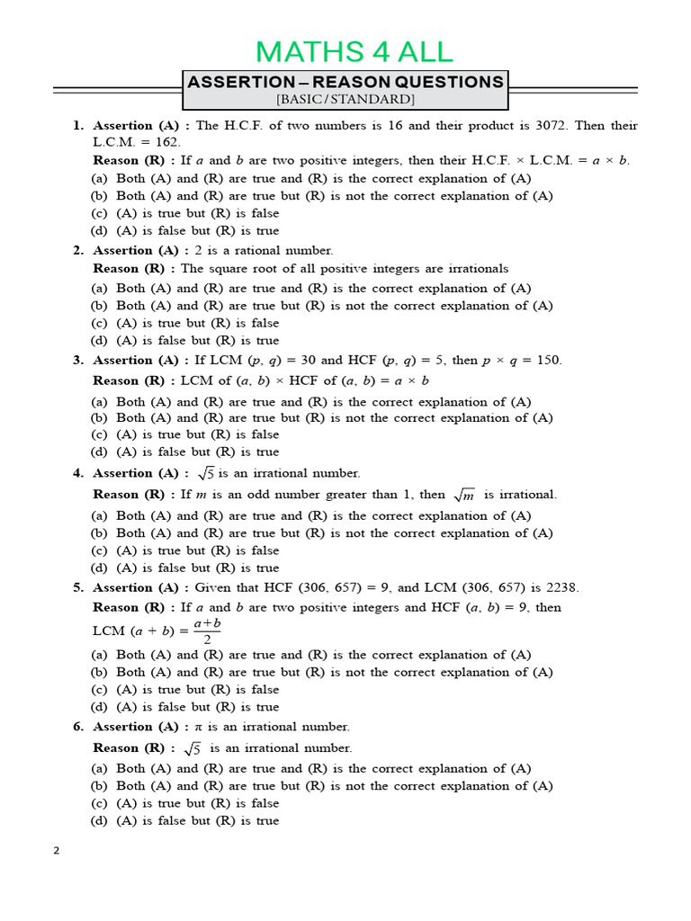 10th Maths Assertion - Reasons Questions | PDF | Mathematical Analysis | Mathematics