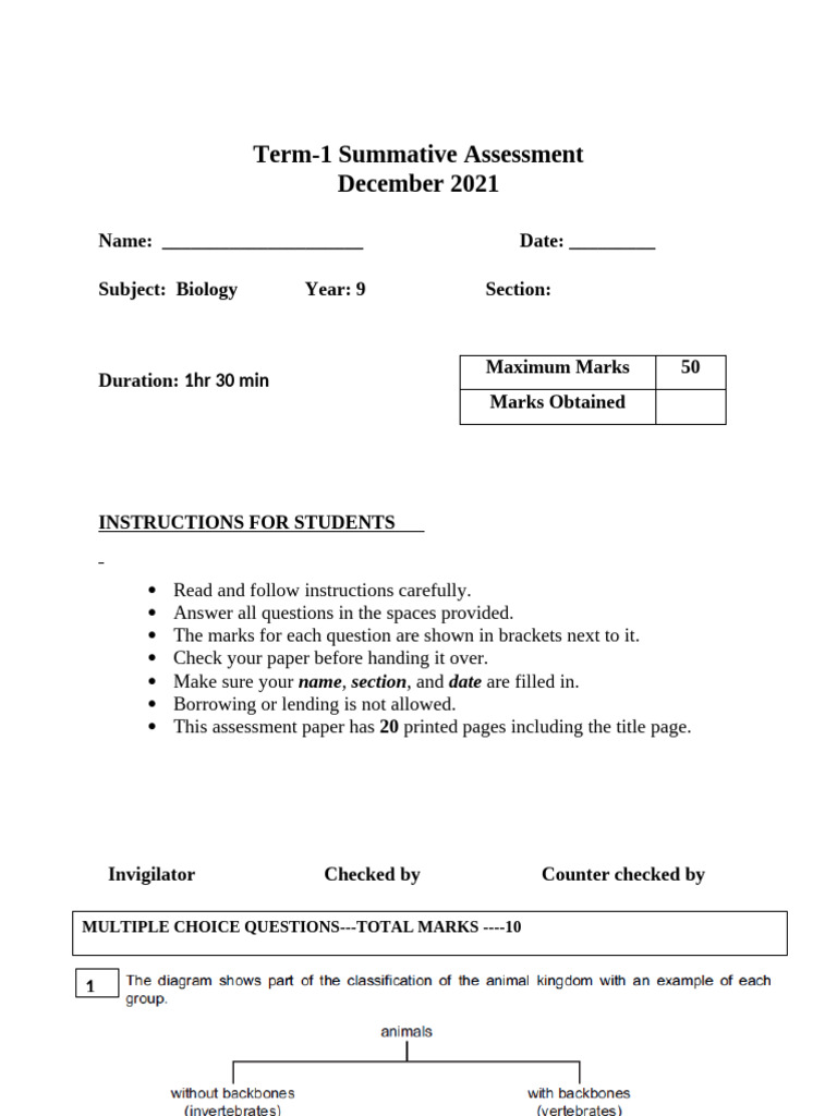 Biology Assessment - Cells/Organisms/Species | PDF