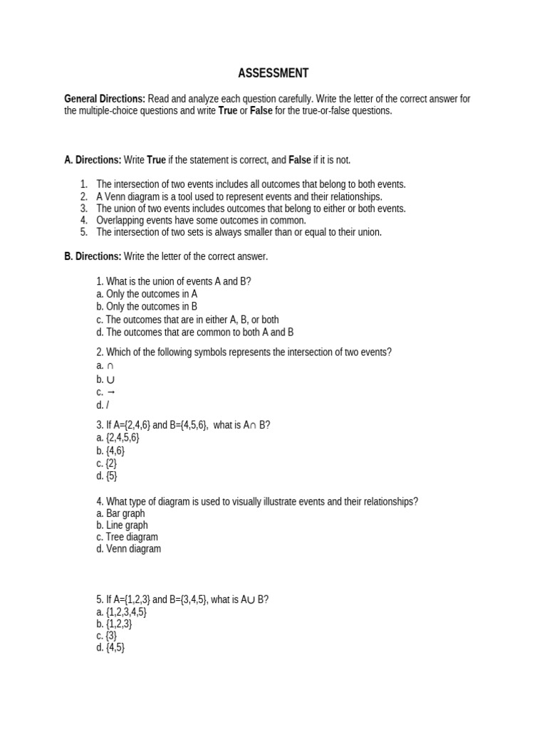 Grade 7 Sets: Union & Intersection Quiz | PDF