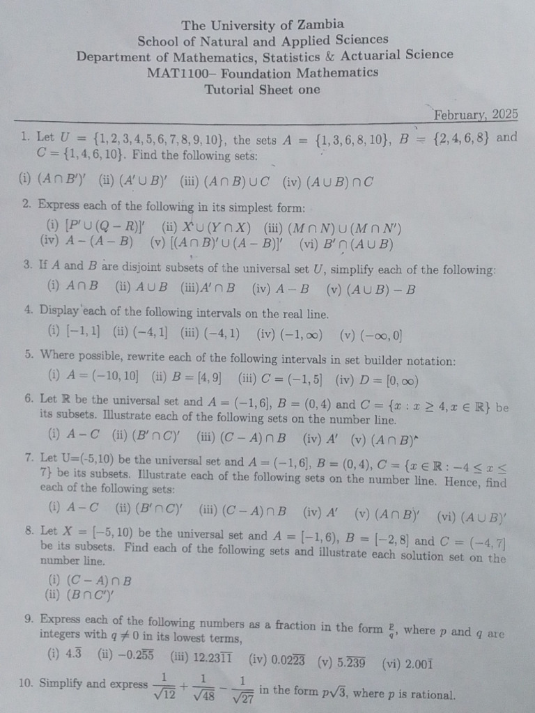 Mat 1100 Tutorial Sheet | PDF