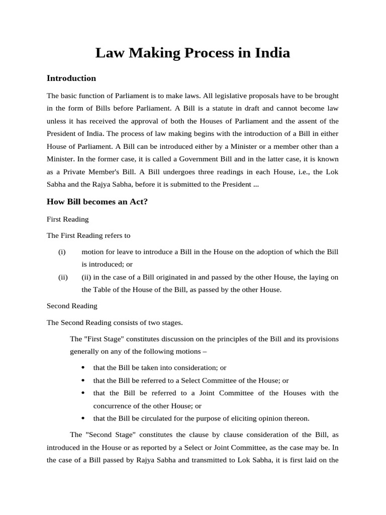 Law Making Process in Indian Parliament | PDF | Government | Public Law
