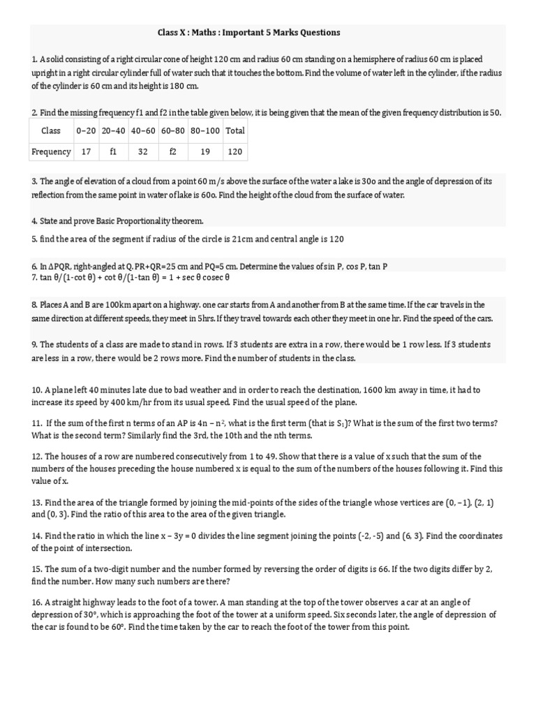 Class X Maths: Key 5 Marks Questions | PDF | Circle | Angle