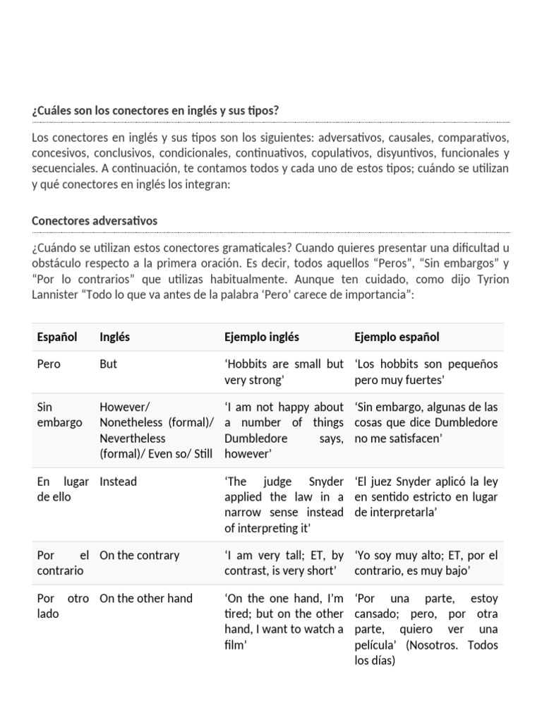 Cuáles Son Los Conectores en Inglés y Sus Tipos | PDF