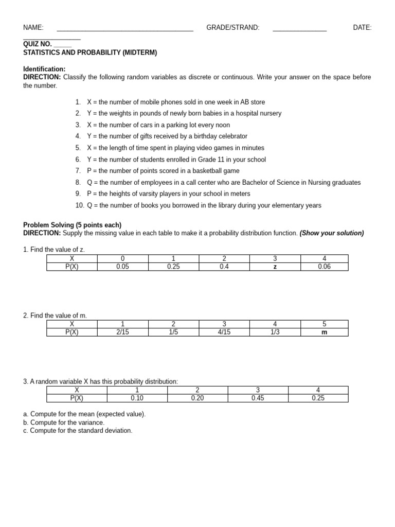 Stat Midterm Quiz 1 | PDF