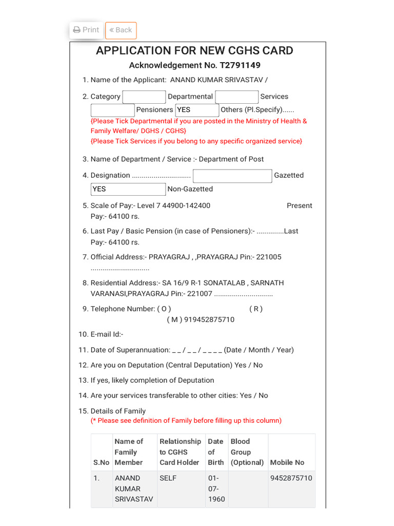 Application For New CGHS Card | PDF | Identity Document